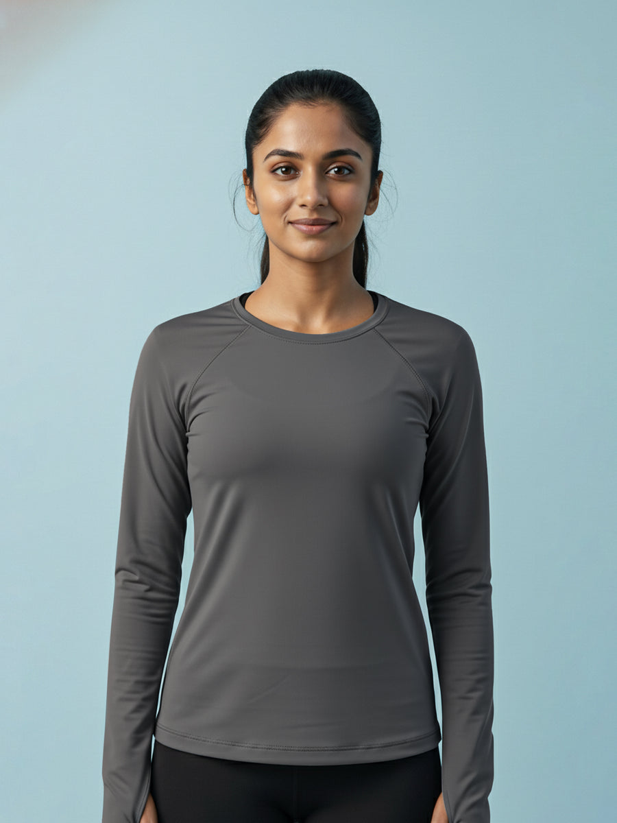 Womens Grey Long Sleeve Training T Shirt With Thumbholes And Breathab