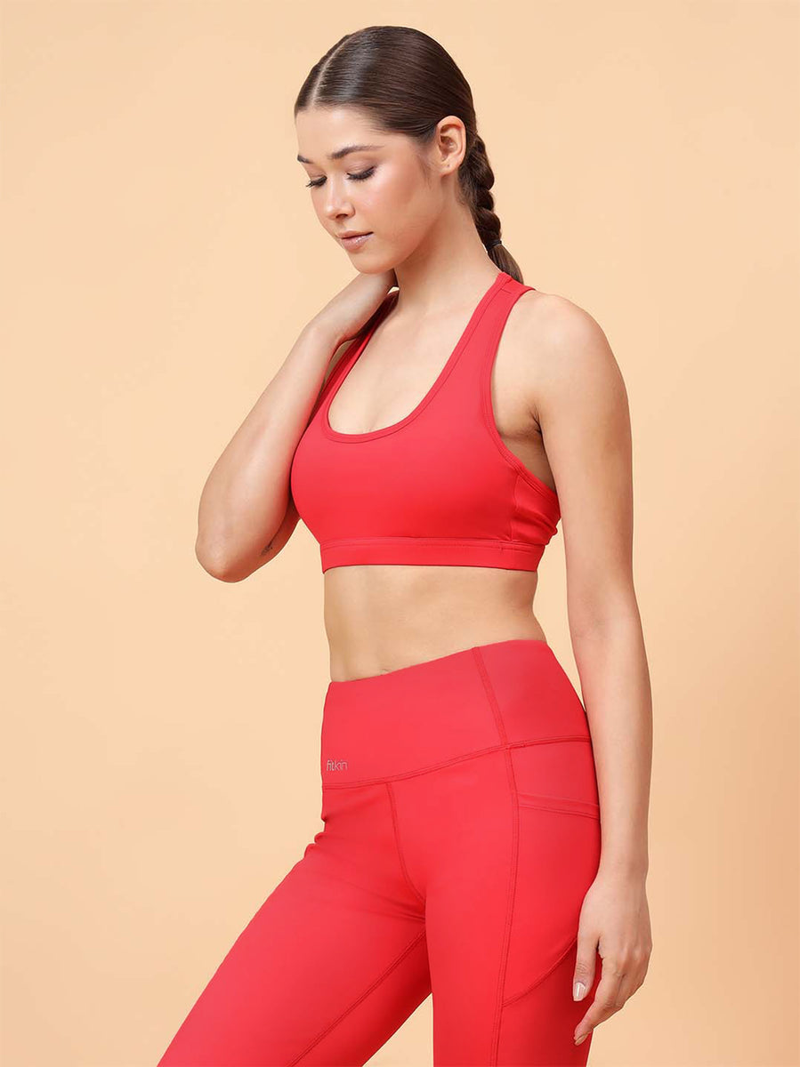 Fitkin Women's Red Back Key Hole Sports Bra