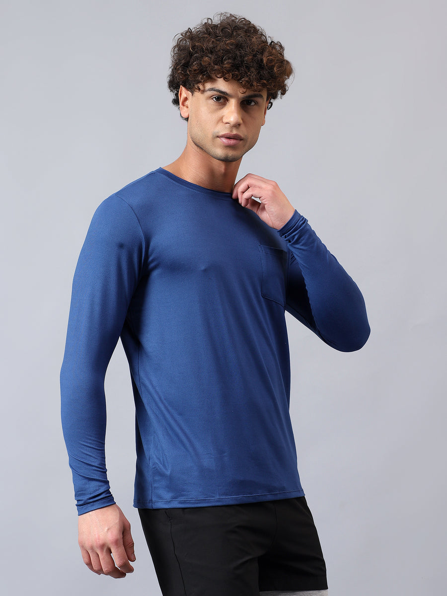 Fitkin men's blue raw edge neck style long sleeevs t-shirt