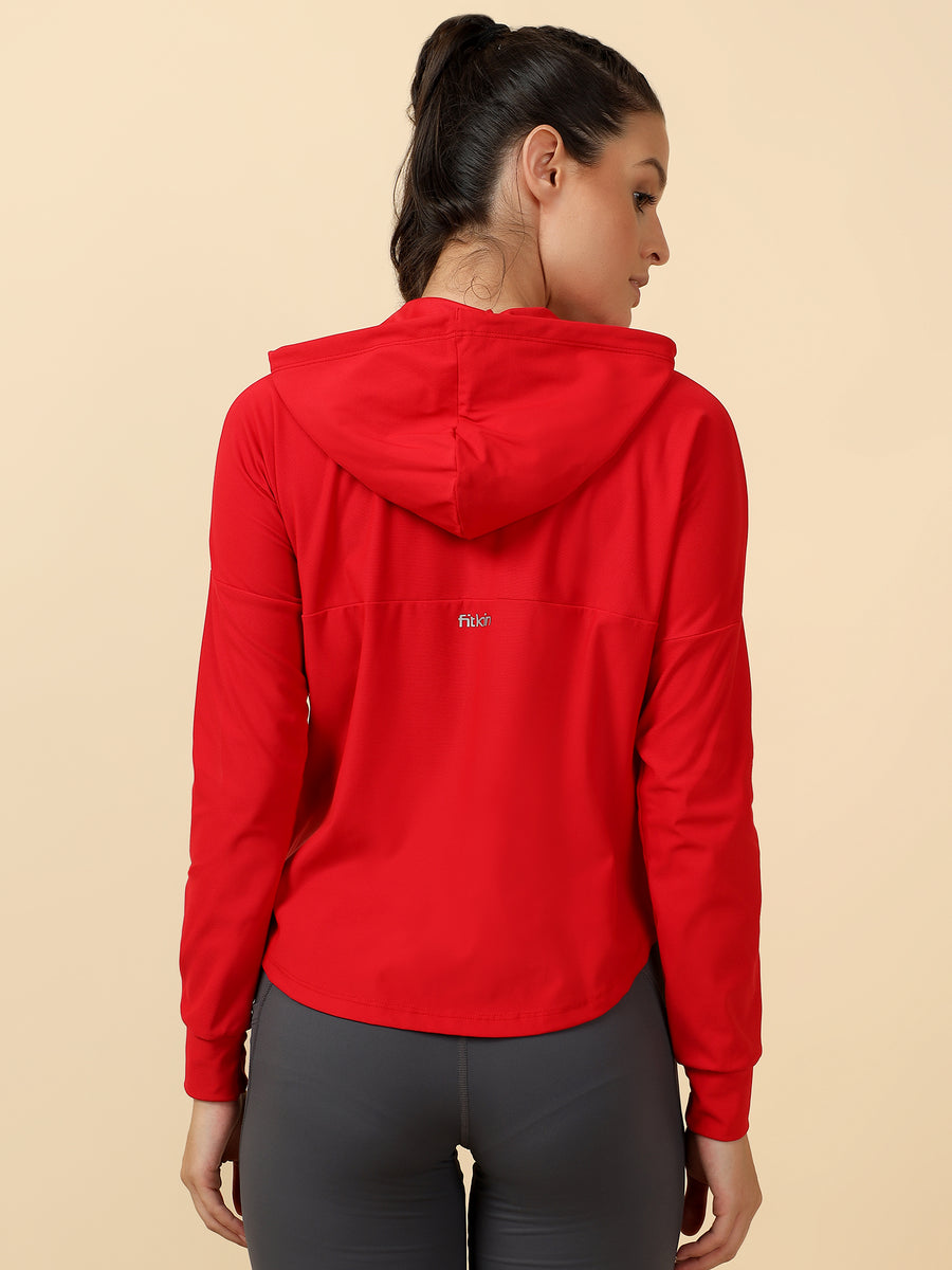 Fitkin Women Red Hooded Front Open Training Sweatshirt