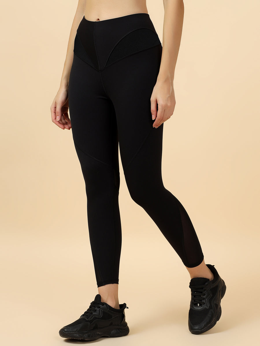 Fitkin Women Black High-Waist Tights with Mesh Waist Panels