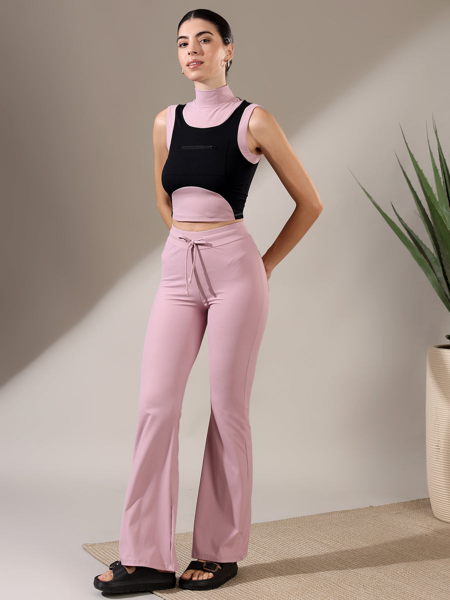 Women Luxe Pink Ribbed Co-ord Set with High Neck Crop Top, Layered Sle ...