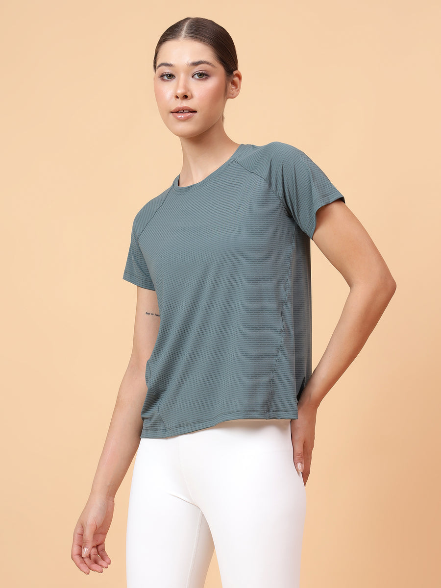 Fitkin Women Green Self Stripe Round Neck Tshirt