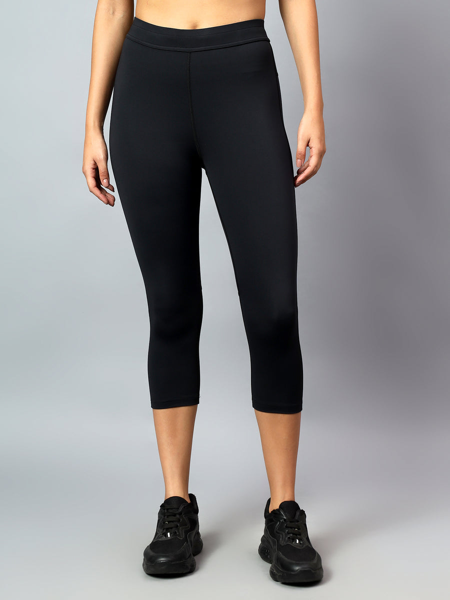 Fitkin Women Black High-Rise Mesh Panel Capri Tights