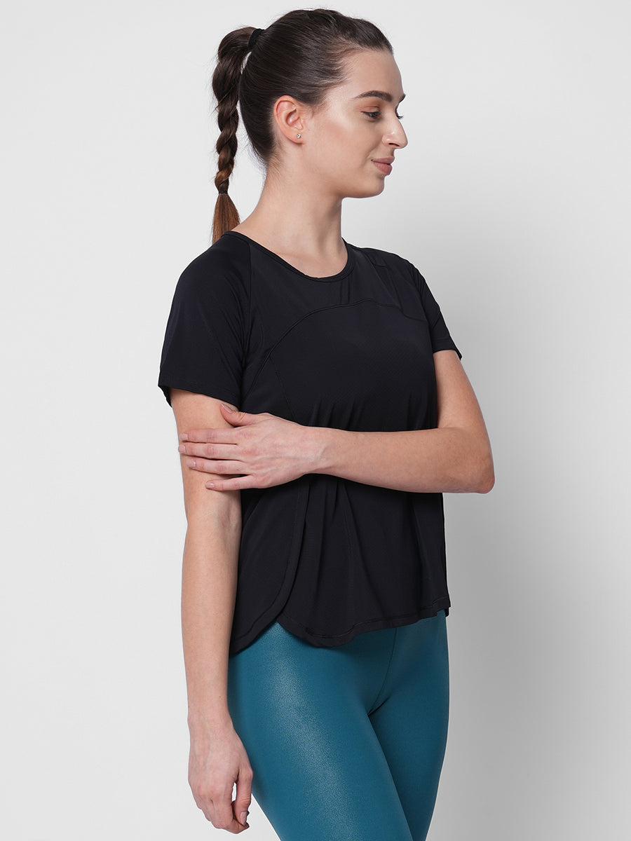 Women’s Black Overlap Hem Active T-Shirt with Breathable Fabric and Re ...