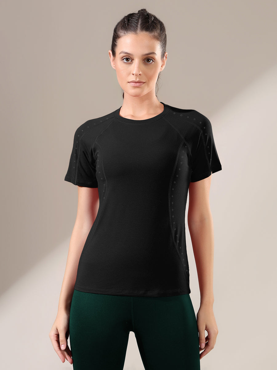 Women’s Black Lyocell Laser-Cut Motion T-Shirt, Breathable Eco Activew ...