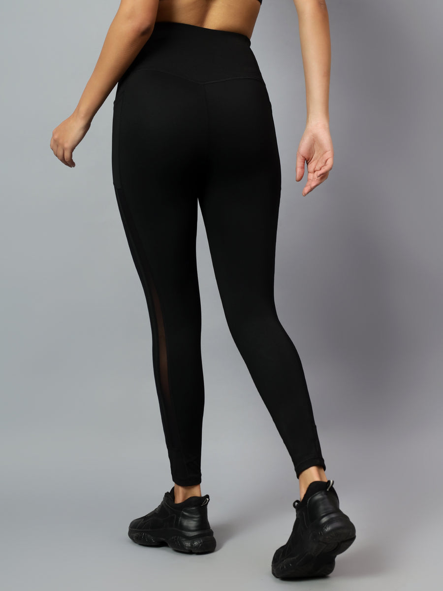 Fitkin Women's Black High-Rise Side Mesh Stripes Training Tights