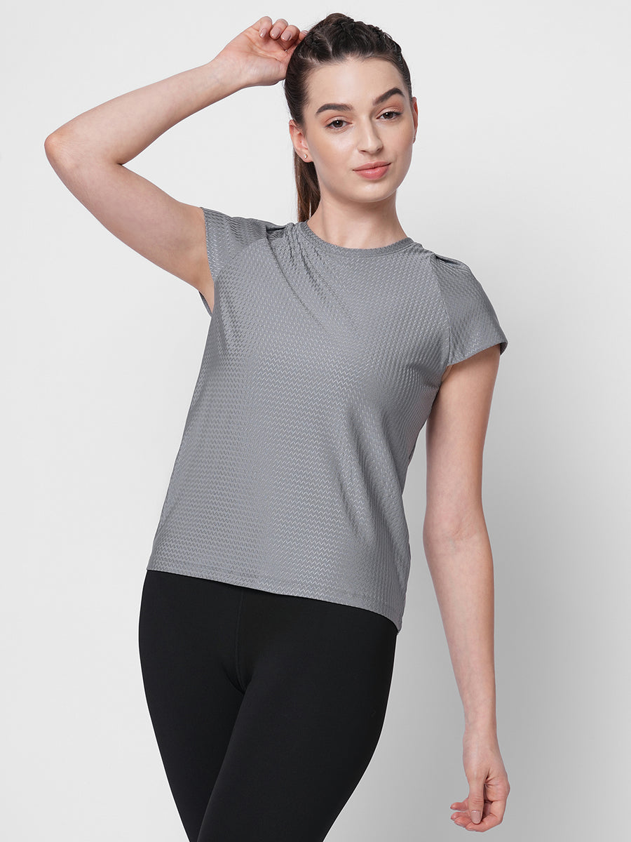 Fitkin women grey self design tshirt with back keyhole design