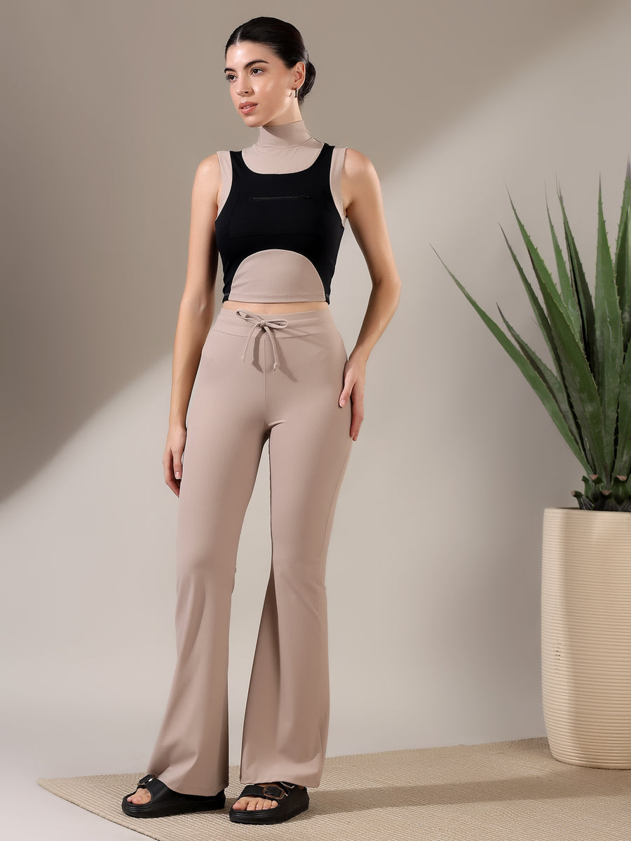 Women Beige Ribbed Co-ord Set with High Neck Crop Top, Layered Sleevel ...