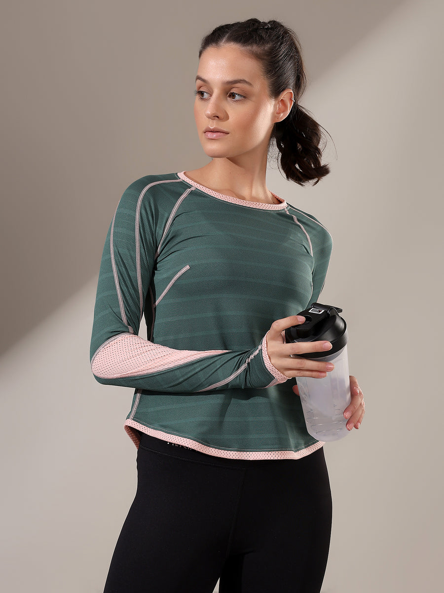 Green Colorblock Self-Design T-Shirt with Contrast Stitch Detail – Fitkin