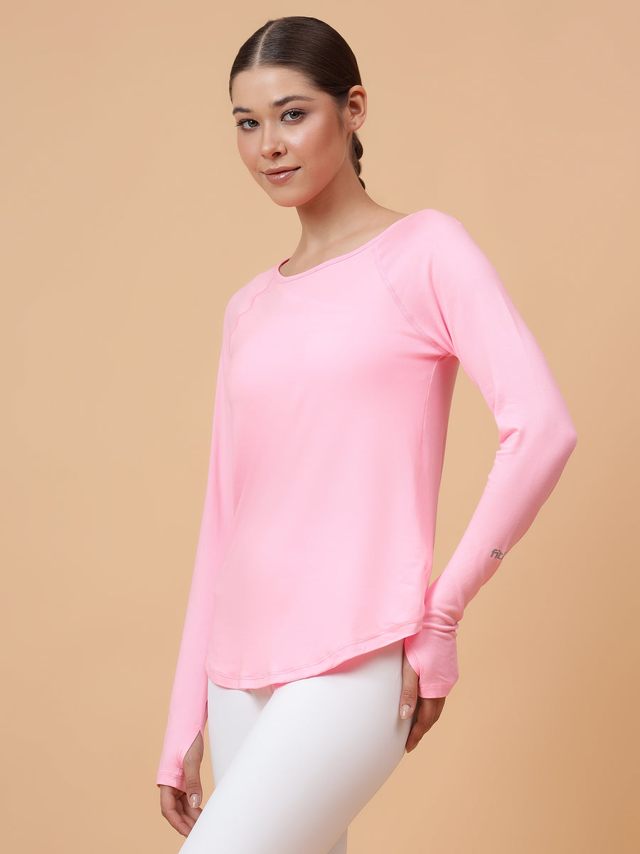 Women’s Neon Pink Long Sleeve Training T-Shirt with Thumbholes and Bre ...