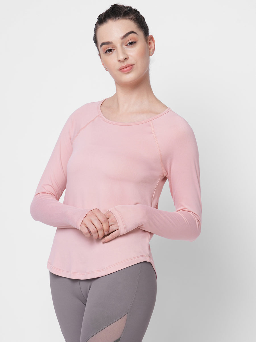 Fitkin Women's Pink Round Neck Back Laser Cut Design T-shirt