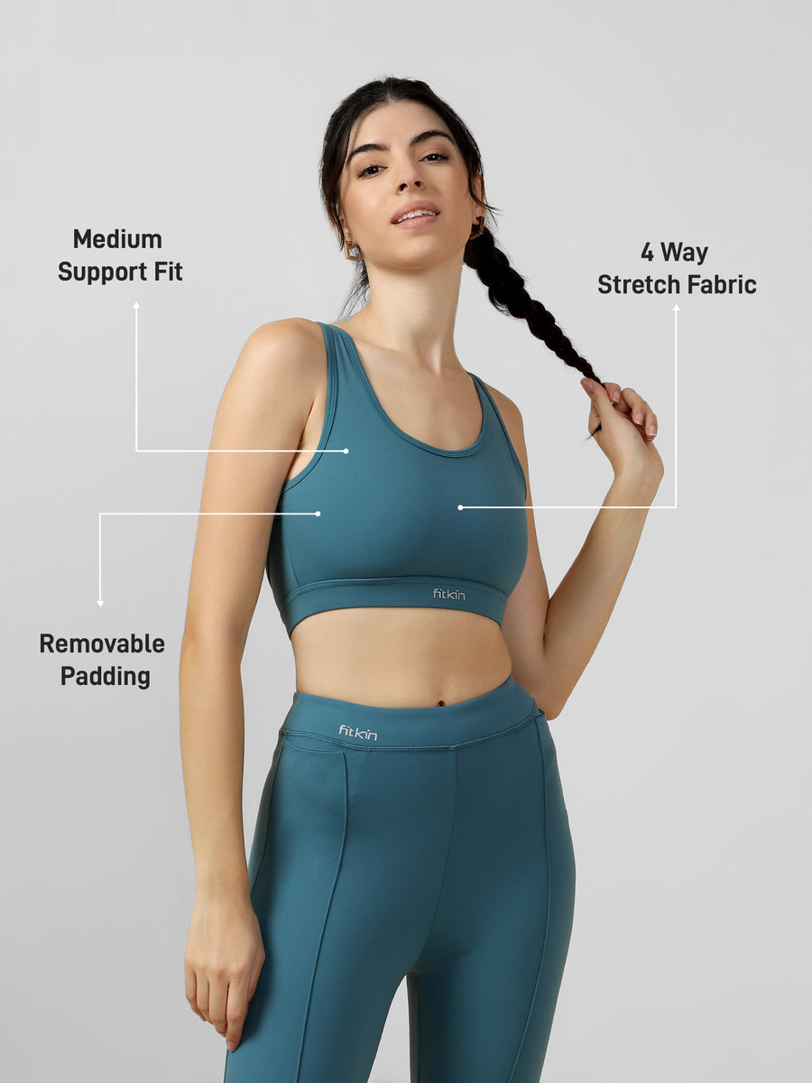 Women Turquoise Medium Support Sports Bra with Stylish Back Strap Desi ...